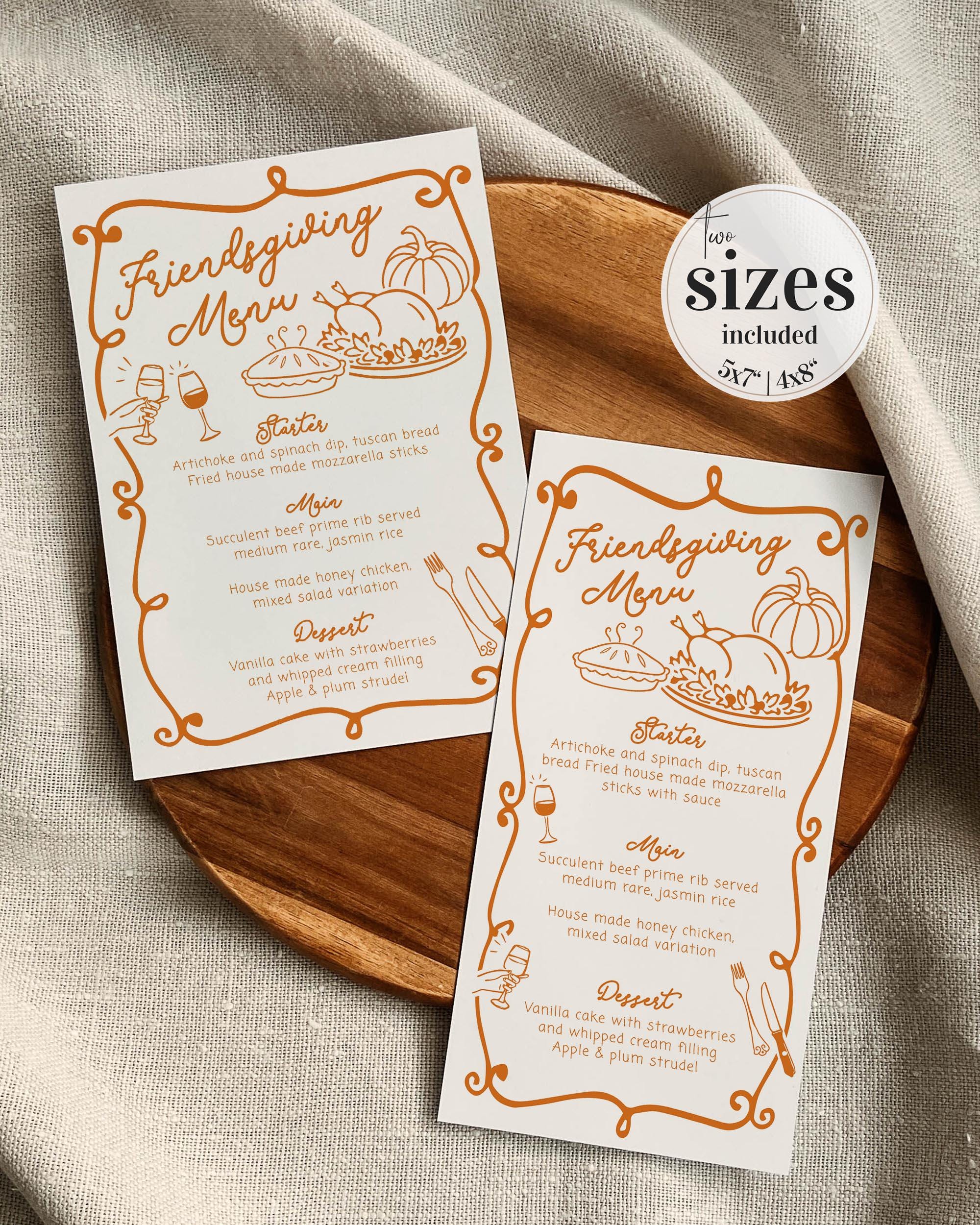 Custom Friendsgiving Dinner Menu Card Template for a Whimsical and Coz ...