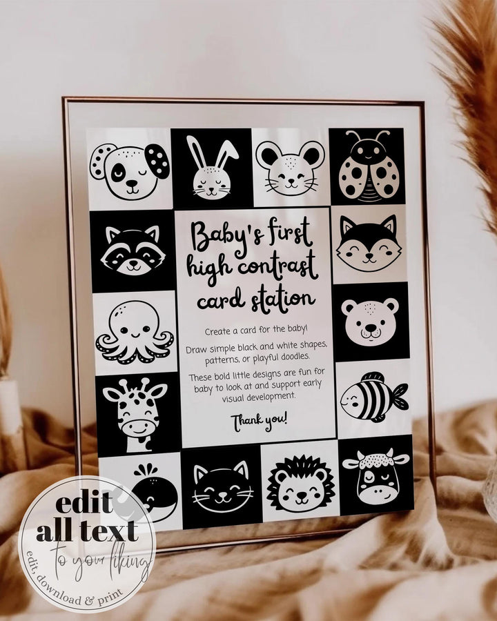 High Contrast Card Station Sign, Black and White Baby Shower Activity ...