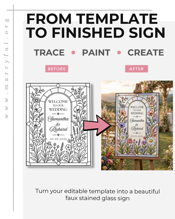 Wildflower Faux Stained Glass Welcome Sign Template, Meadow Wedding DI ...