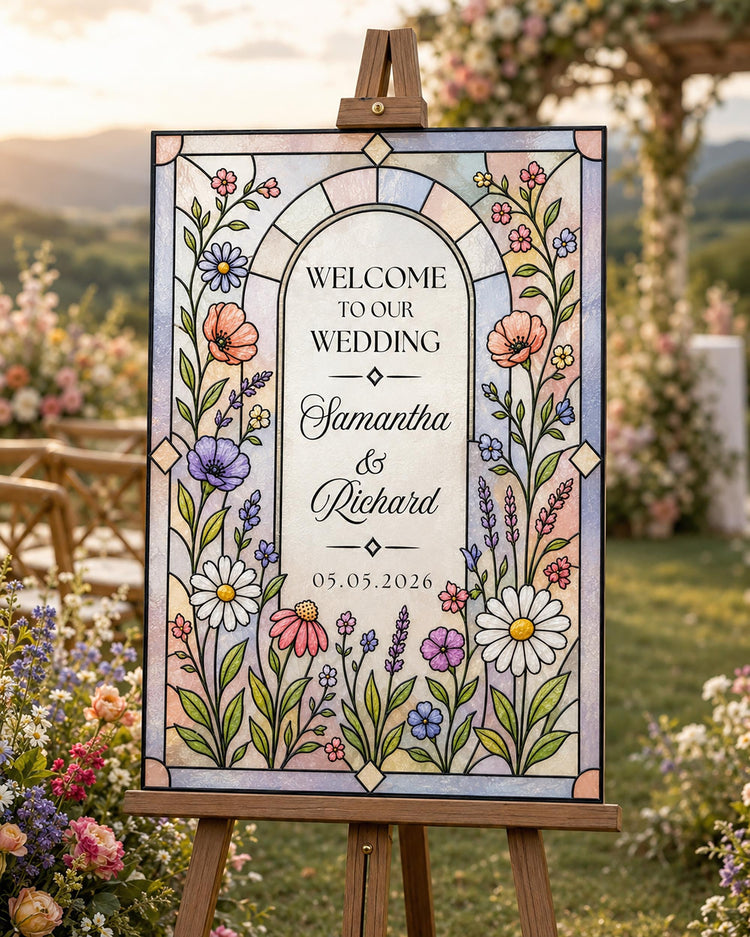 Wildflower Faux Stained Glass Welcome Sign Template, Meadow Wedding DI ...